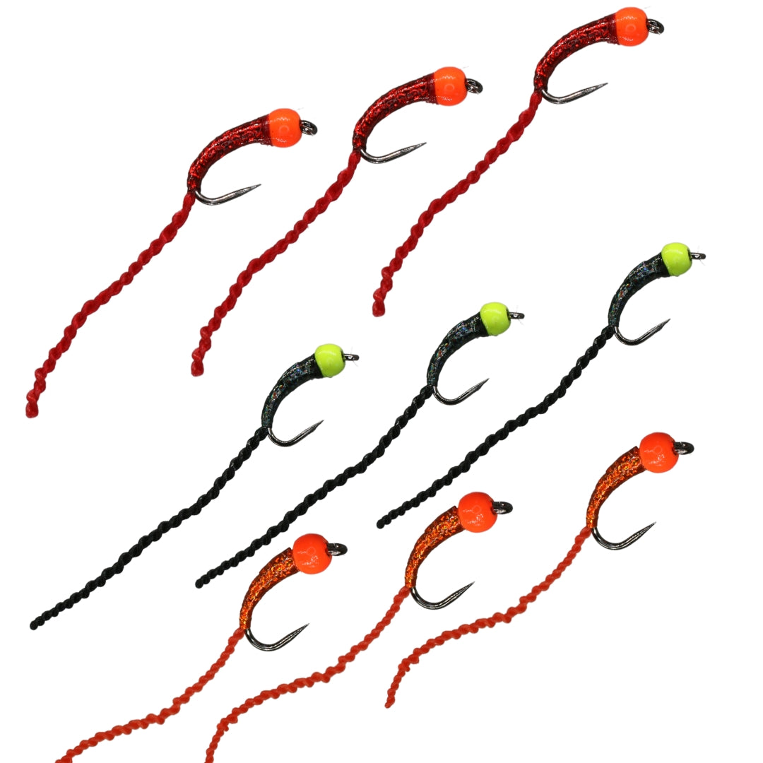 Barbless Holo Flexi Worm Bug. Quick Buy - 3 Of Each Colour (9 Flies ...